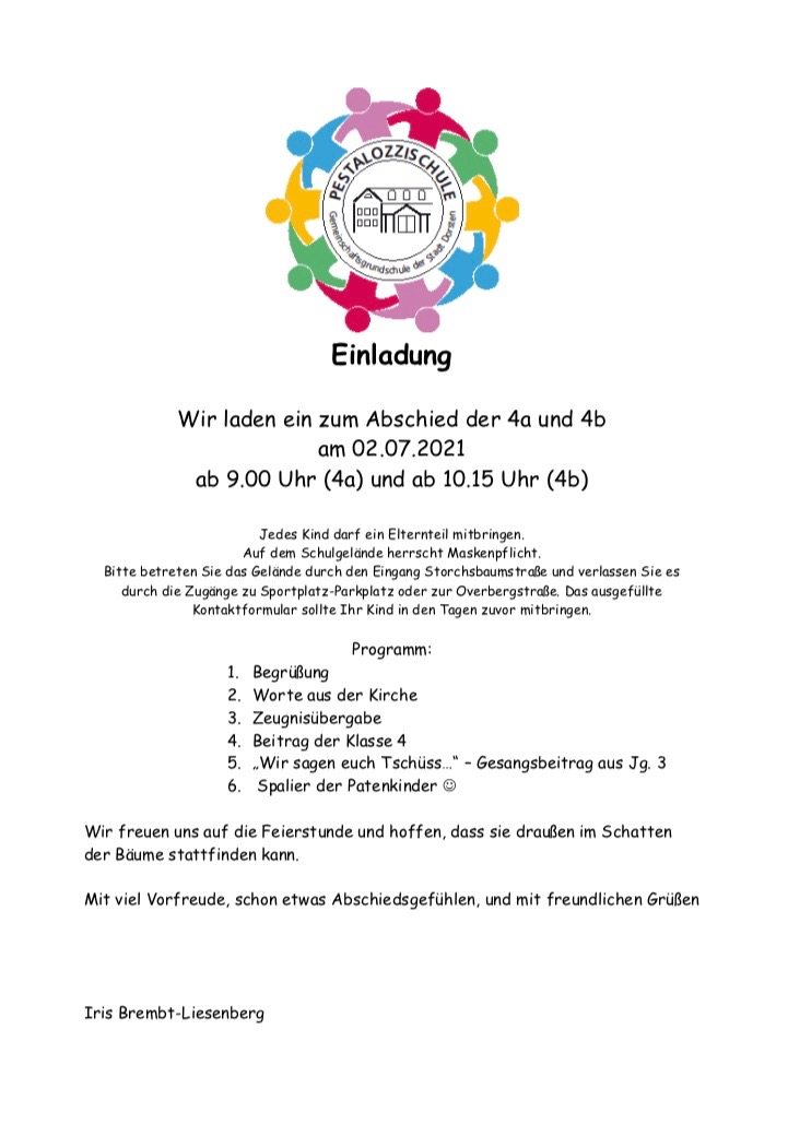 Einladung zum Abschied der 4a und 4b – Pestalozzischule Einladung zum Abschied der 4a und 4b – Pestalozzischule